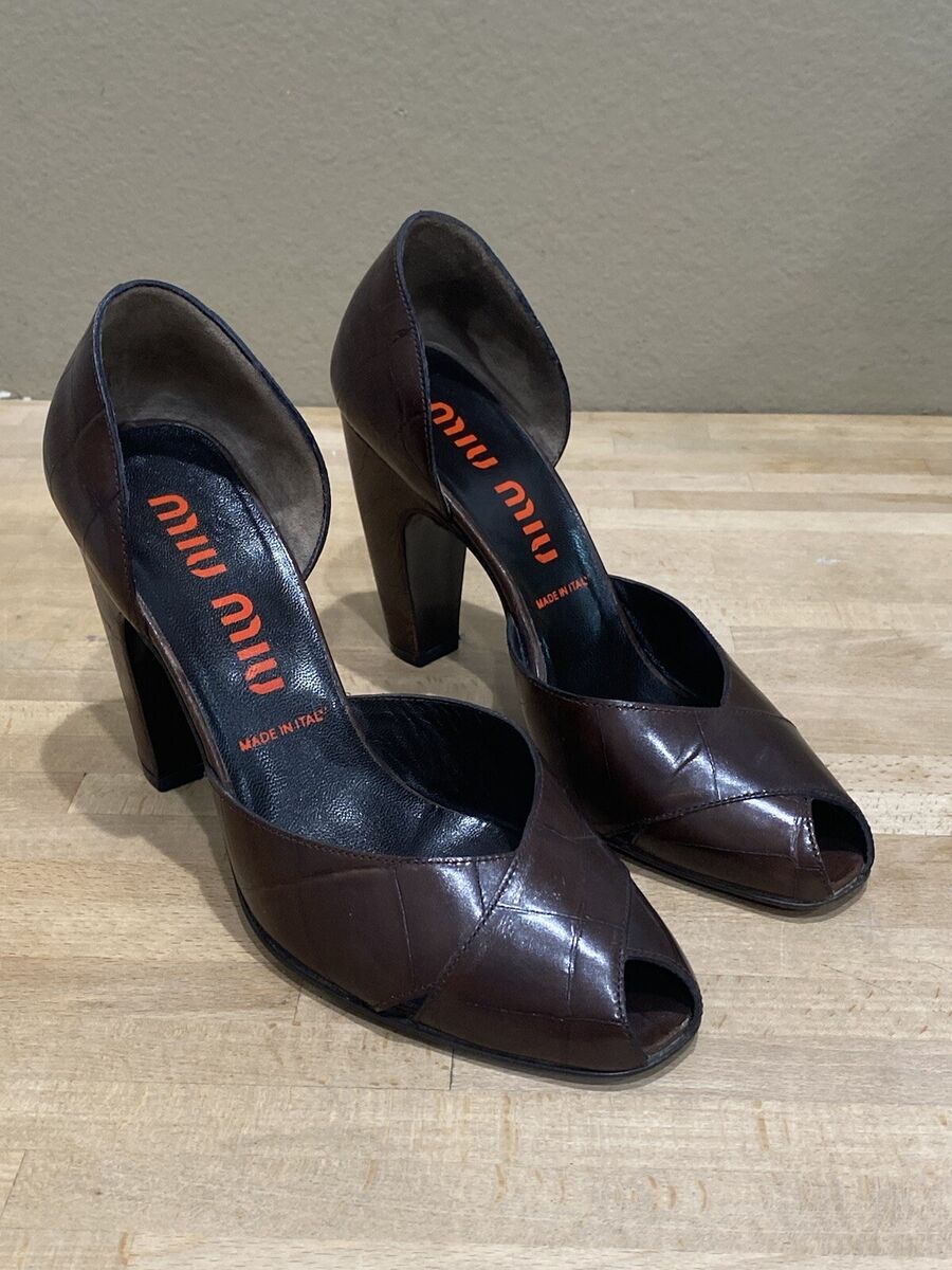 Miu Miu Leather Brown Chunky High Heel 8 Peep Toe Vintage Miu Miu Leather Brown Chunky High Heel 8 Peep Toe Vintage