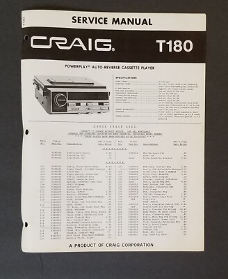 CRAIG Model T180 Service Manual. Powerplay Auto Reverse Cassette Player ...