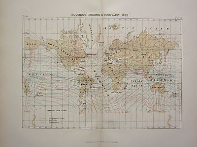 c1890 ANTIQUE MAP ~ THE WORLD ISOGONOUS ISOCLINIC ISODYNAMIC LINES ...