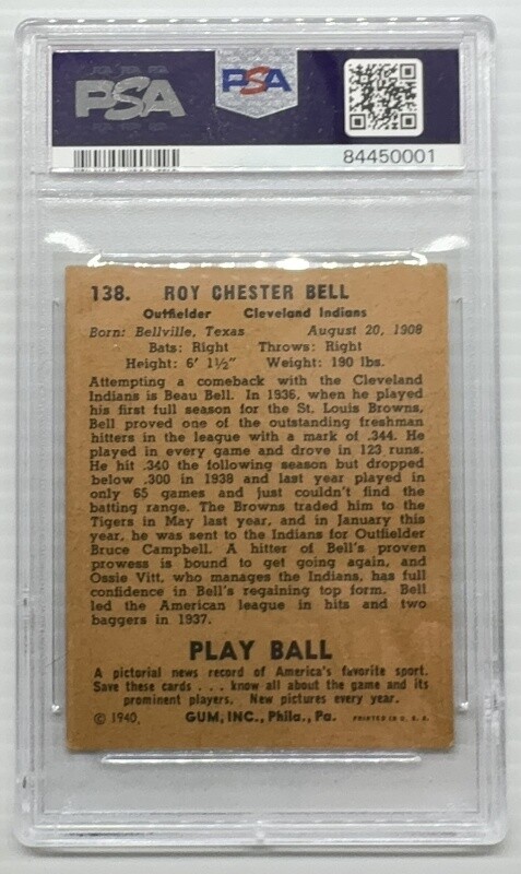 1940 Play Ball Beau Bell Autograph Auto #138 PSA 4 8 Indians | eBay