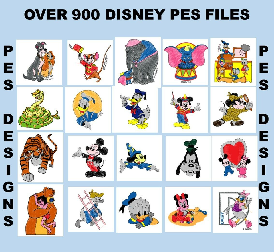 Over 900 Disney PES embroidery files pack on USB designs to embroider ...