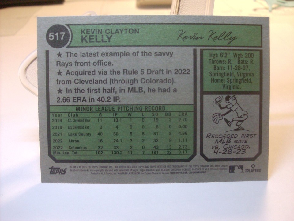 2023 Topps Heritage #517 - Kevin Kelly RC - Tampa Bay Rays 23-132 | eBay