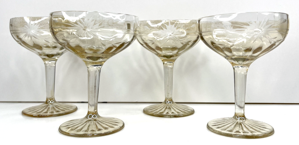 Iridescent Depression Champagne Glasses Etched Starburst Floral 4 3/4 ...