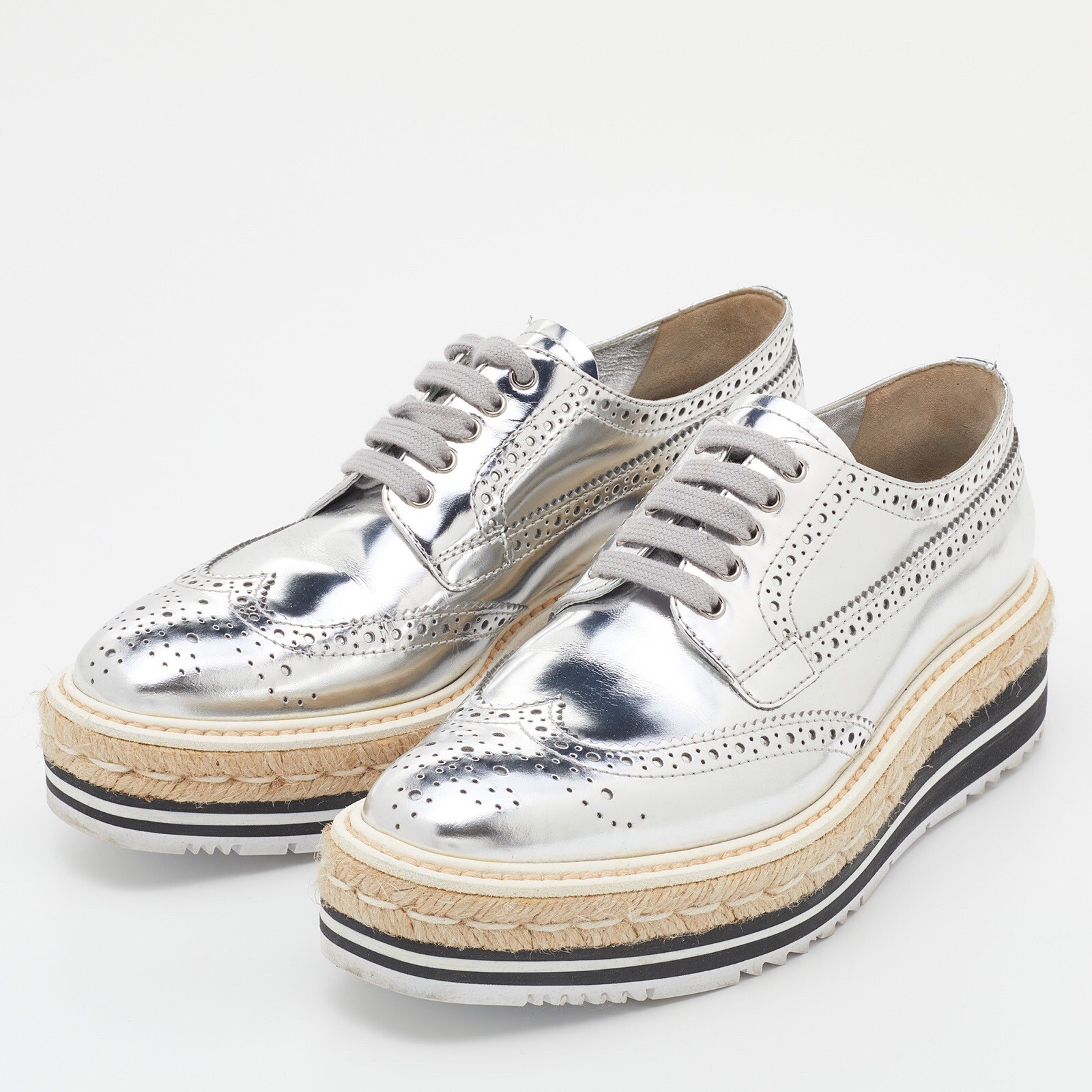 PRADA SS 2011 Silver Leather Brogues Derby Espadrille Creeper Sz 37/US ...