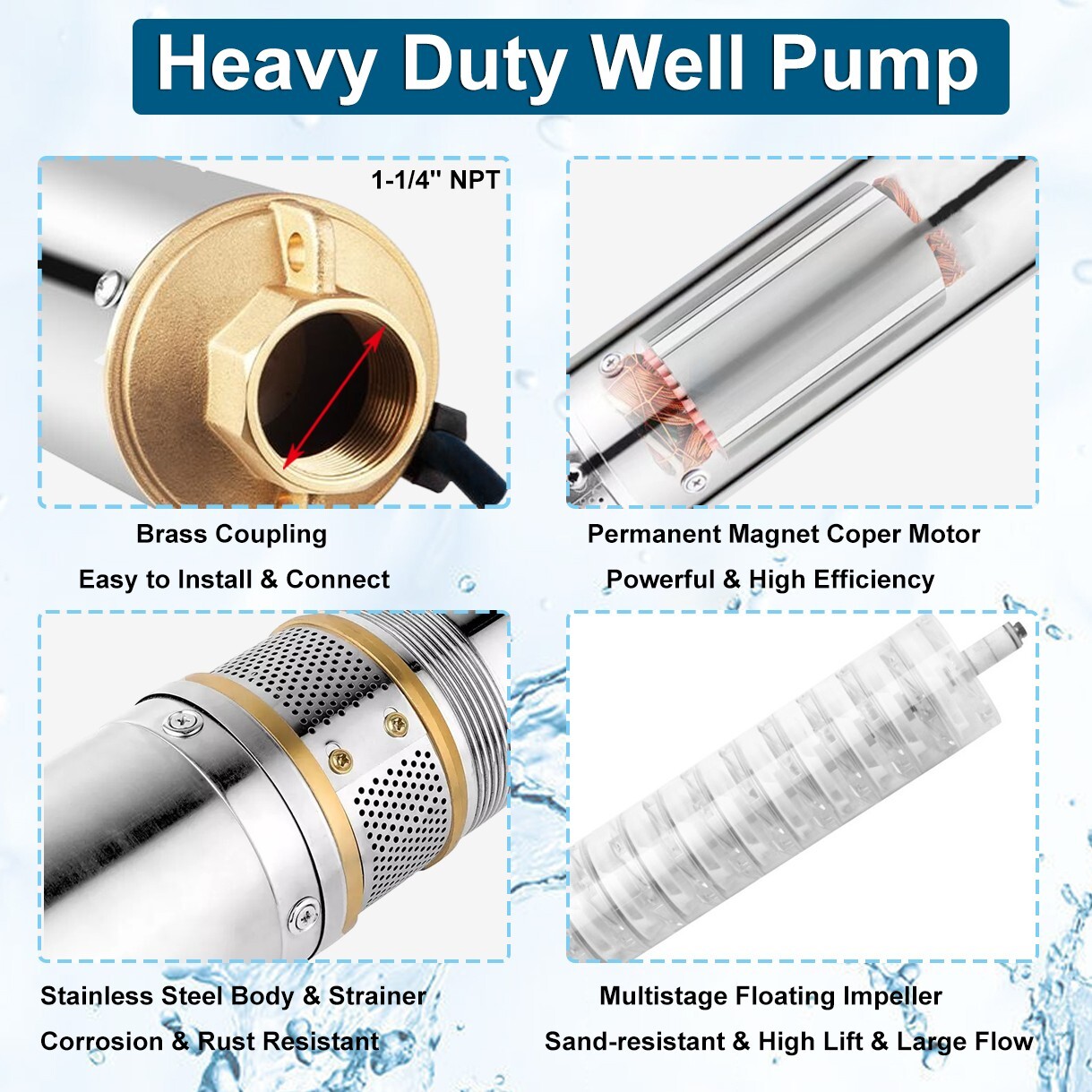 3''OD 3/4HP Deep Well Submersible Pump 220V 13GPM 247 ft MAX 60Hz 1 ...