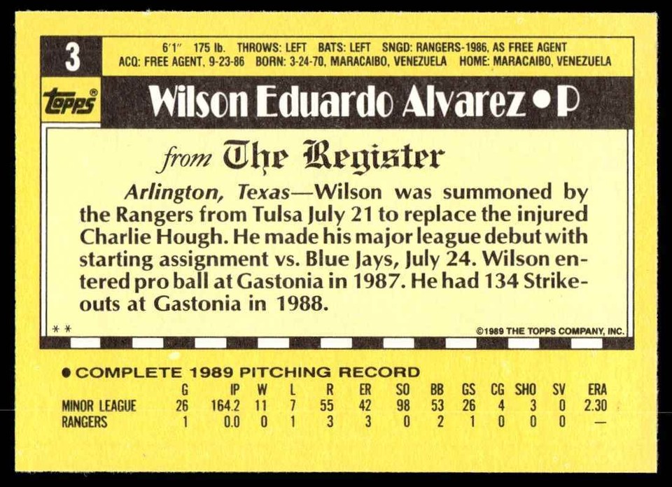 1990 Topps Major League Debut 1989 Wilson Alvarez Texas Rangers #3 | eBay