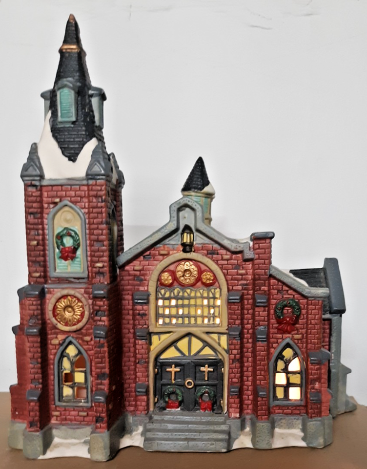 light up ceramic Christmas village church 10.5" tall with cord great ...