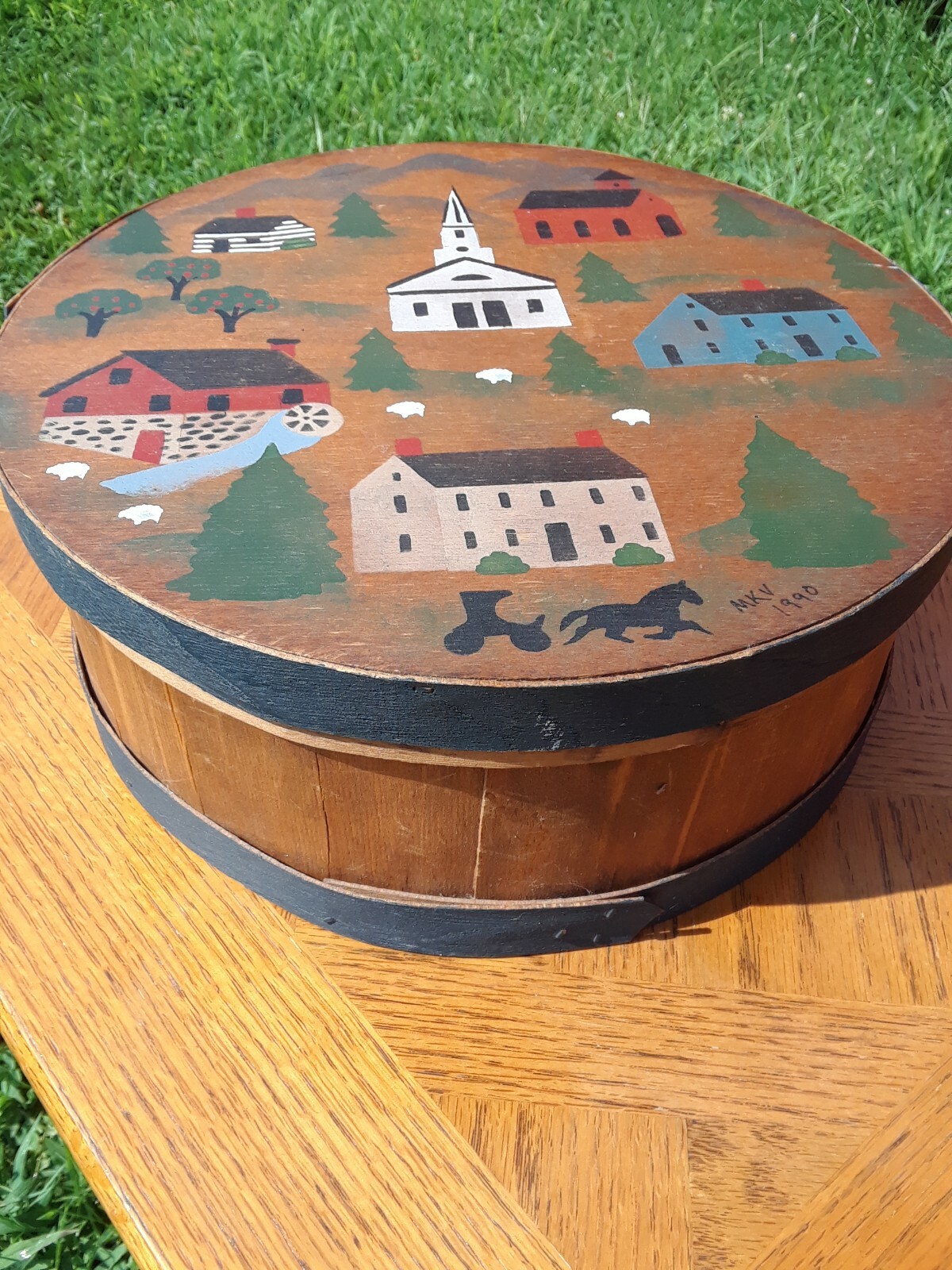 Vintage Wooden Round Cheese Box Folk Art Primitive Painted New England ...