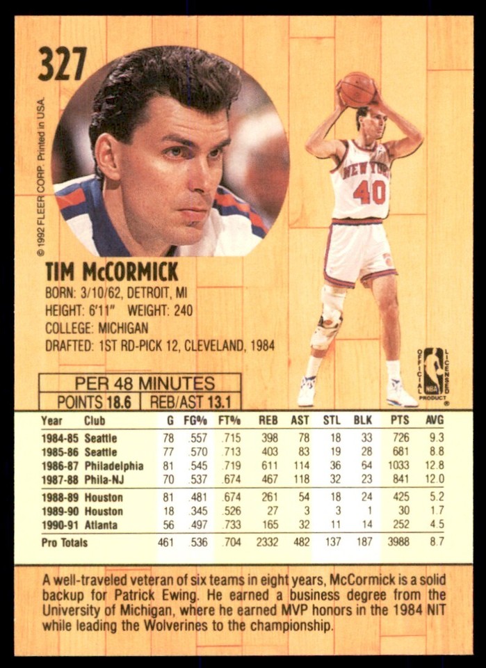 1991-92 FLEER TIM MCCORMICK NEW YORK KNICKS #327 | eBay