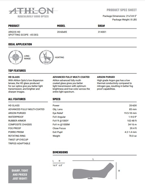 Athlon Argos HD 20-60x85mm Angled Star Gazing Hunting Spotting Scope ...