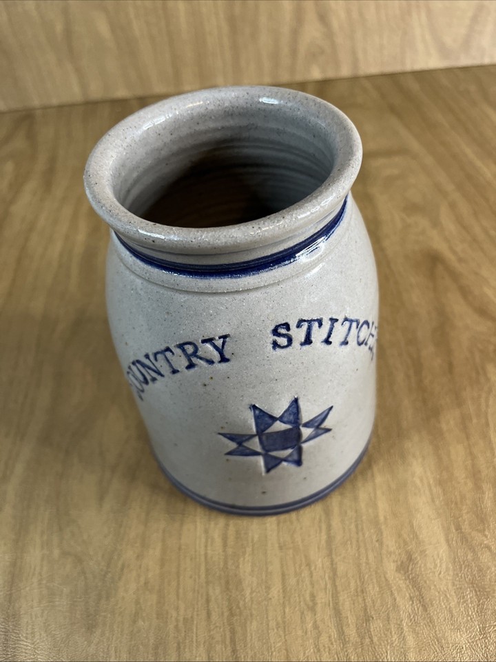 Vintage Art Pottery Stoneware Crock Country Stitches Blue 7” Signed ...