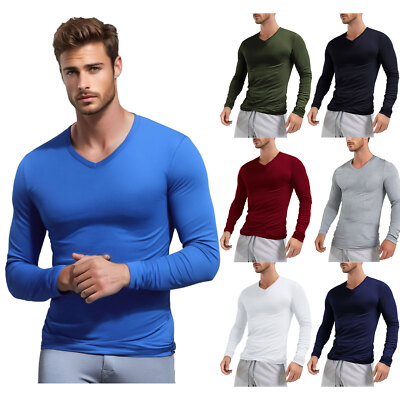 Men's Slim Fit Top Muscle Long Sleeve Lightweight Thermal V-Neck T ...