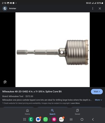 Milwaukee 48-20-5480 3-9/16 in. x 22 in. One Piece Spline Core Bit (693 ...