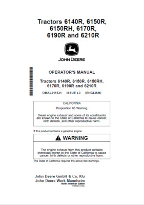 JOHN DEERE 6140R 6150R 6170R 6190R 6210R TRACTOR OPERATOR MANUAL ...