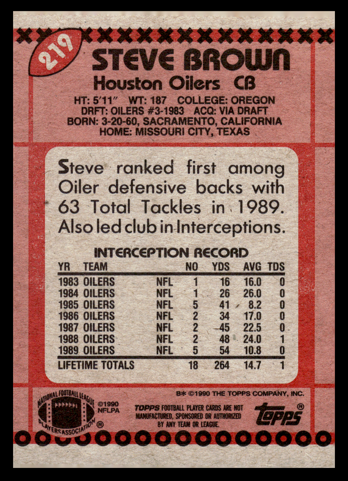 1990 Topps Steve Brown #219 Houston Oilers NFL Football Base Set | eBay