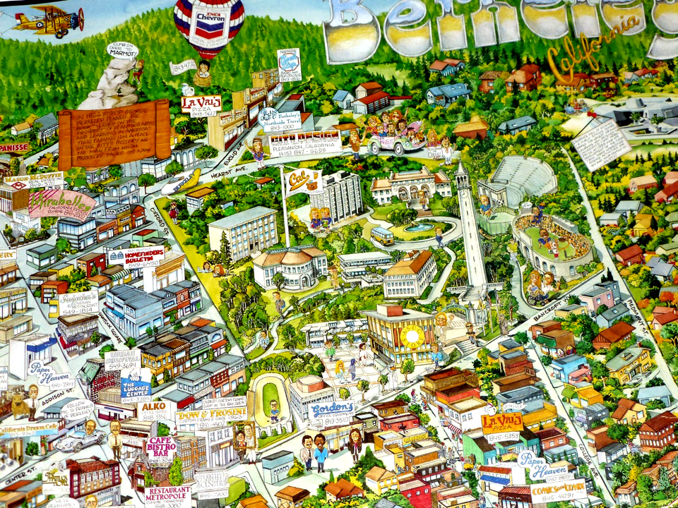 VINTAGE LOVELY ILLUSTRATED CARTOON MAP OF BERKELEY CALIFORNIA | eBay
