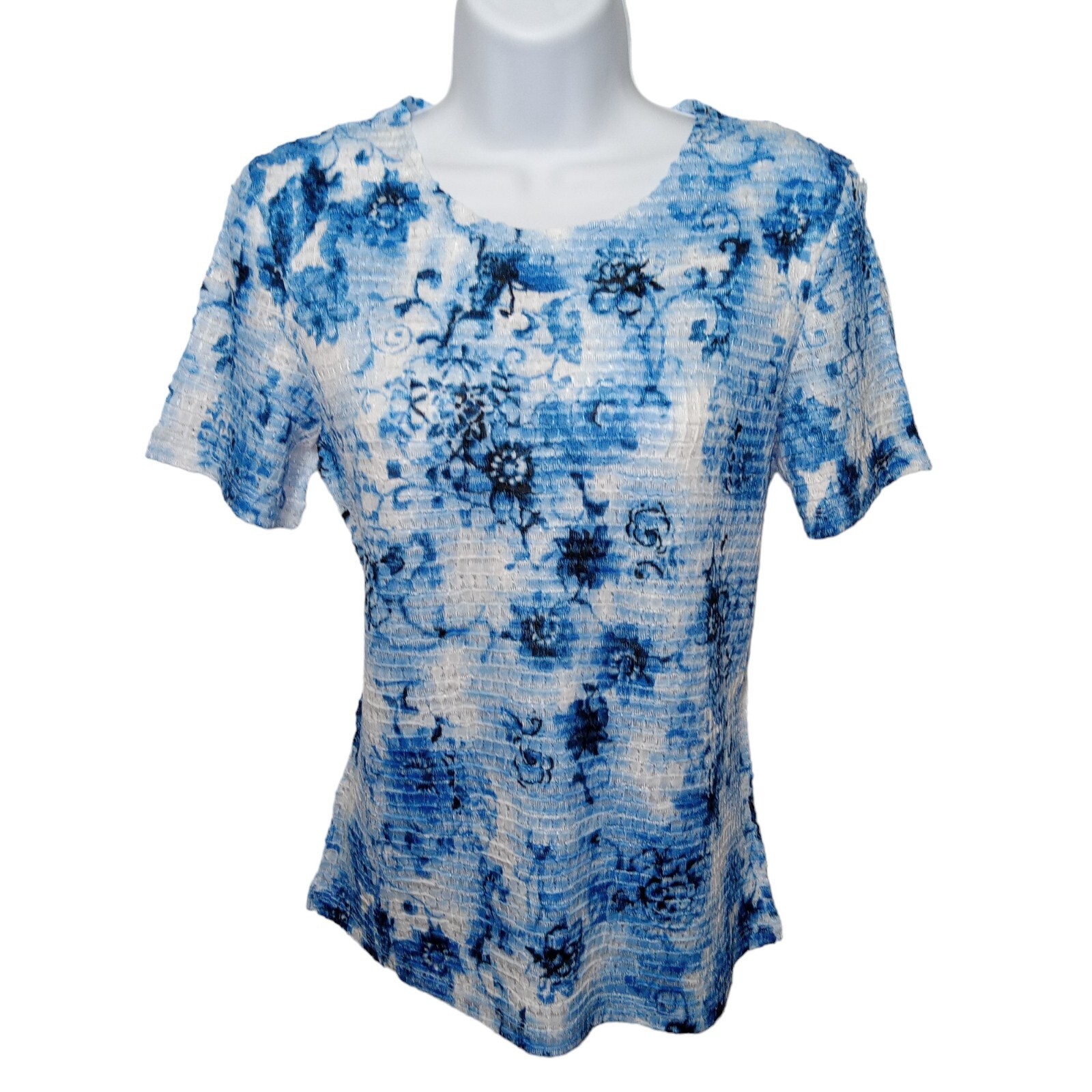 JM Collection blouse womens size M blue floral stretch boho cottage ...