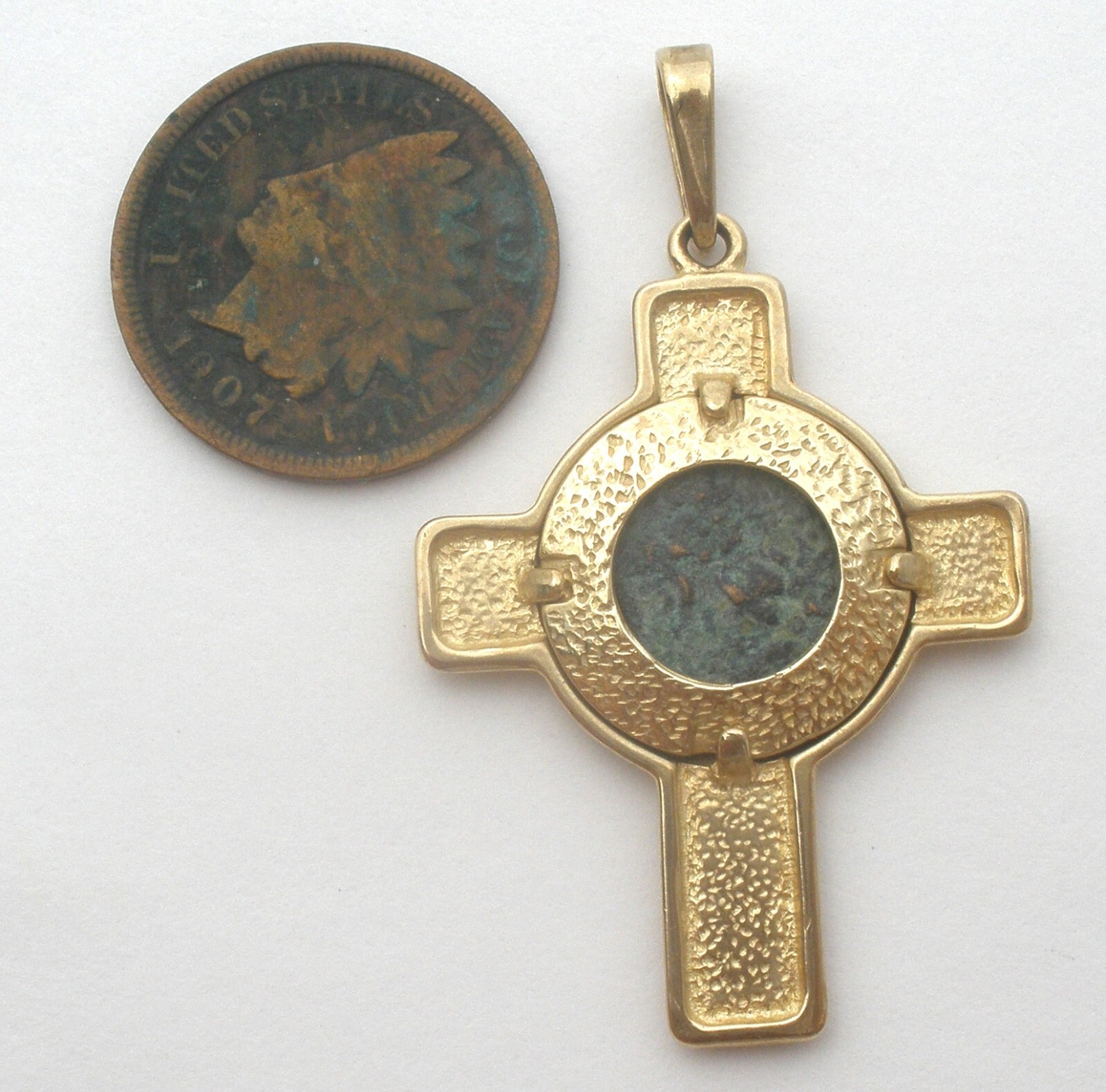 14K Gold Cross Pendant With Antique Ancient Greek Anchor Coin 5.95 ...