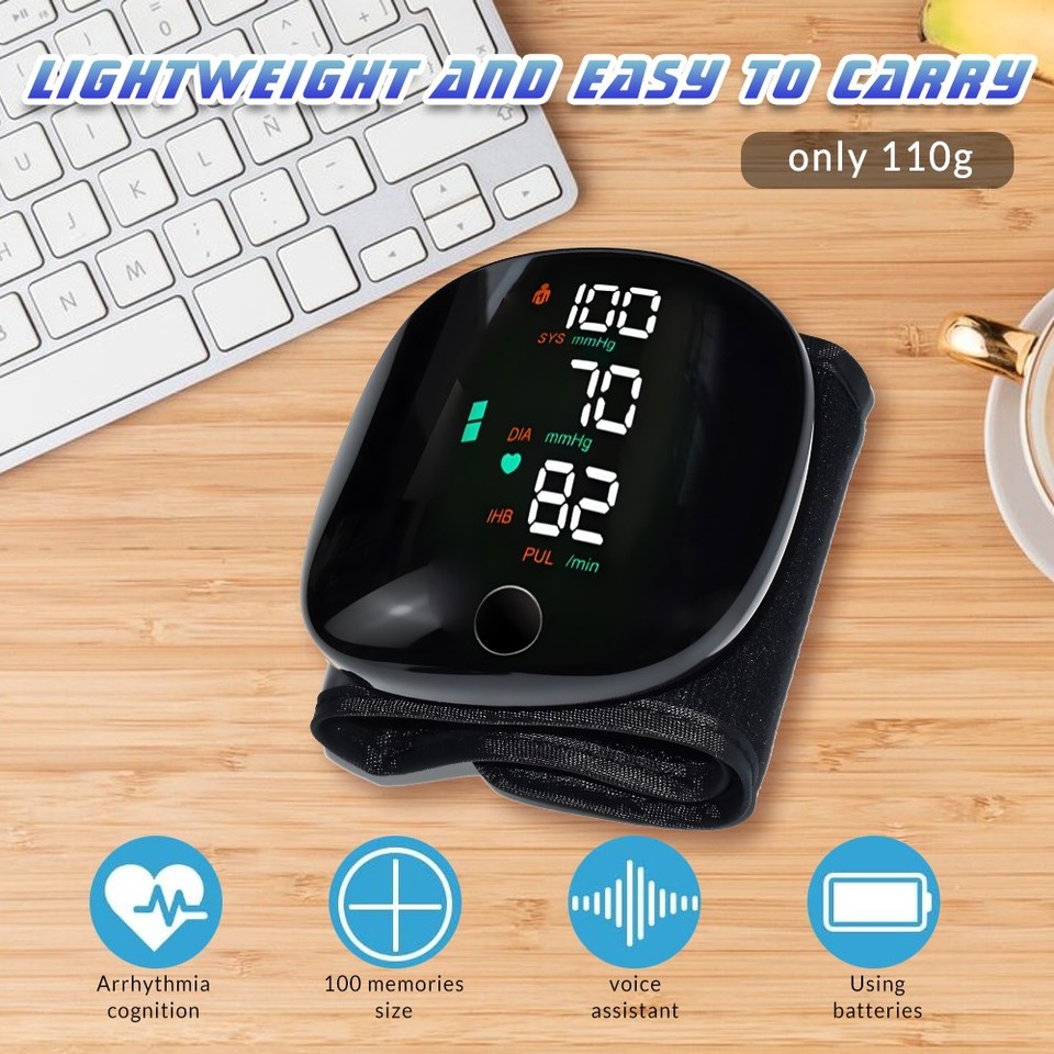 Wrist Blood Pressure Monitor Rechargeable Voice Broadcast Heart Rate BP ...