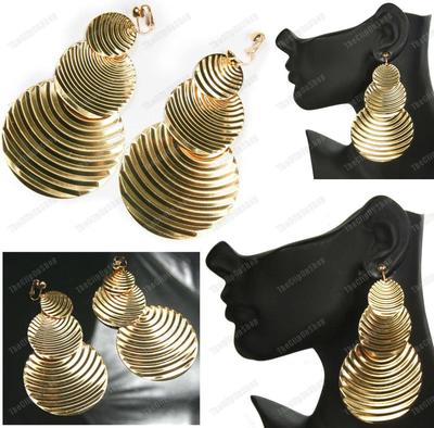 CLIP ON 4.5"long 11cm BIG CORRUGATED TRIPLE DISC RETRO EARRINGS gold ...