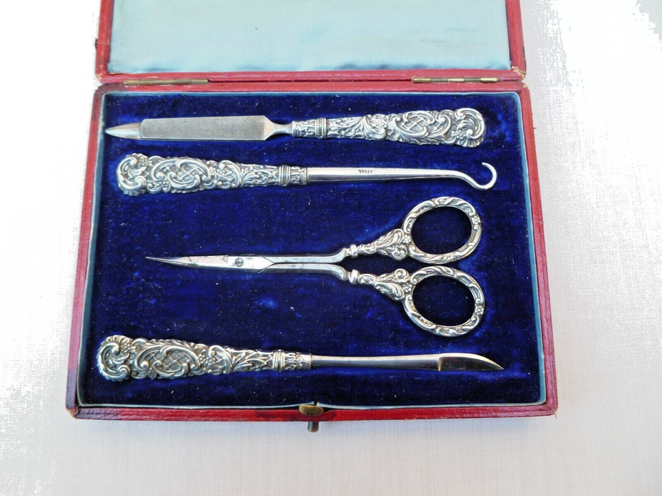 ANTIQUE BOXED REPOUSSE SILVER MANICURE SET TOOLS – BUTTON HOOK ...