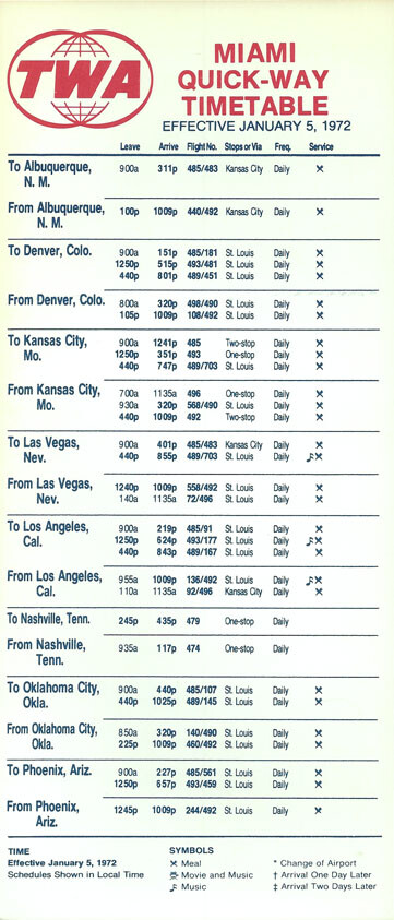TWA Trans World Airlines Miami timetable 1/5/72 [1023] Buy 4+ save 50% ...