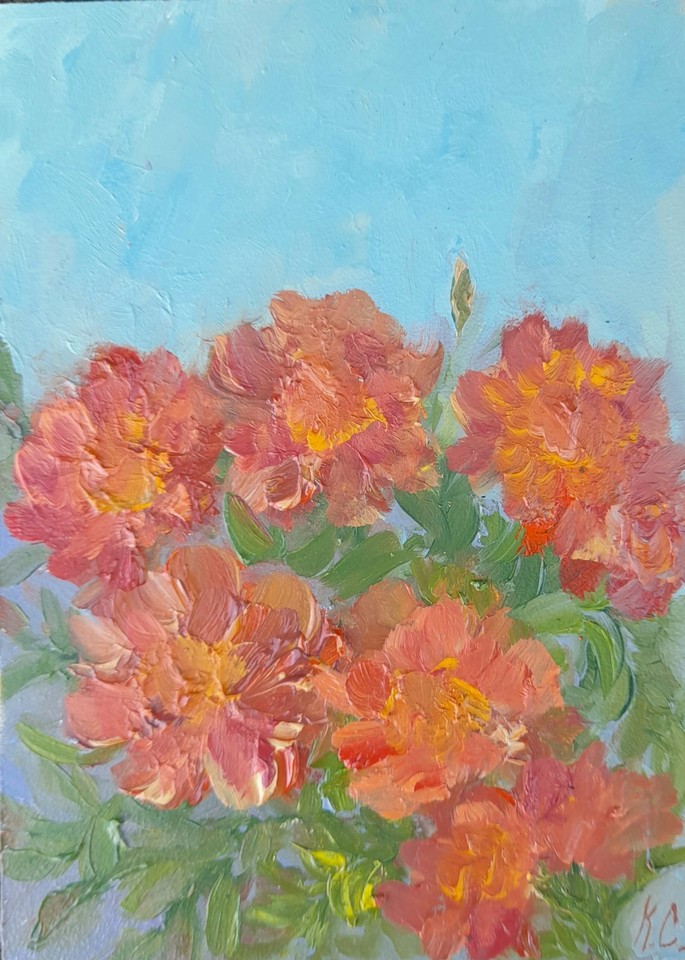 marigold original oil painting, bouquet marigold of art, small flower ...