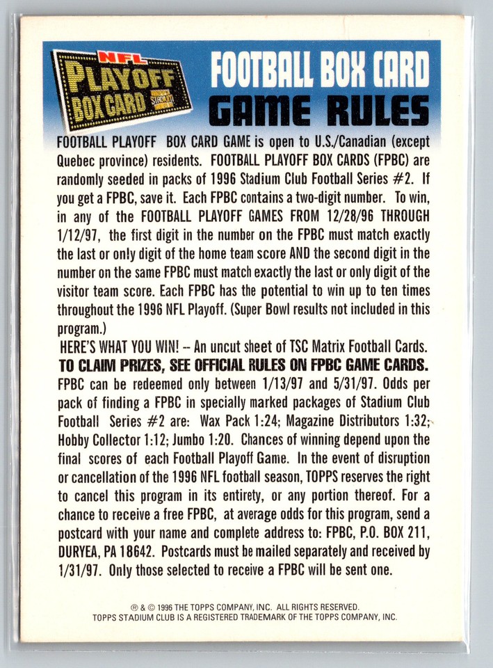 1996 Stadium Club #NNO NFL Playoff Box Card Game Rules NFL Playoff Box ...