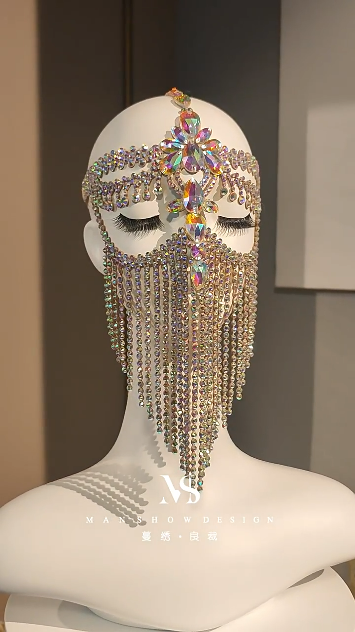 Belly Dance Rhinestone Long Tassel Face Veil Face Mask Women Masquerade ...