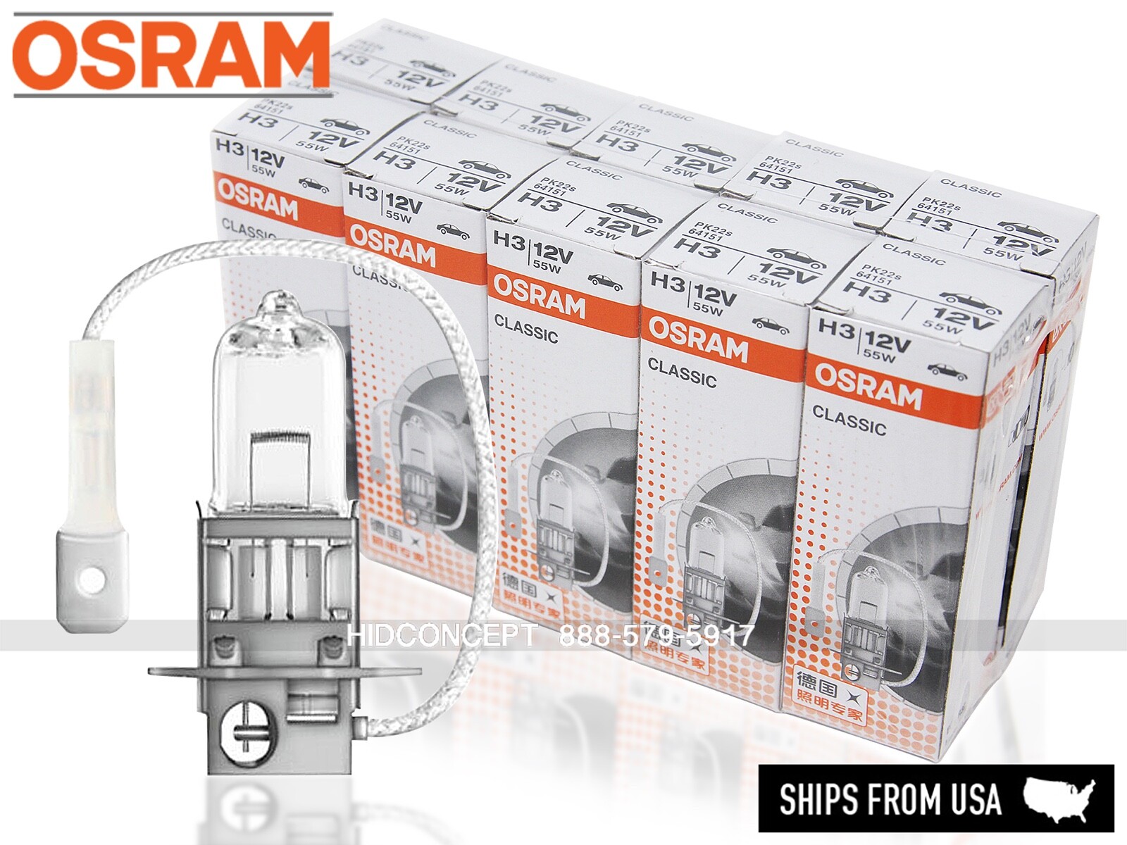 Osram H3 Classic Standard OEM Headlight Halogen Bulb Off-Road 64151 ...