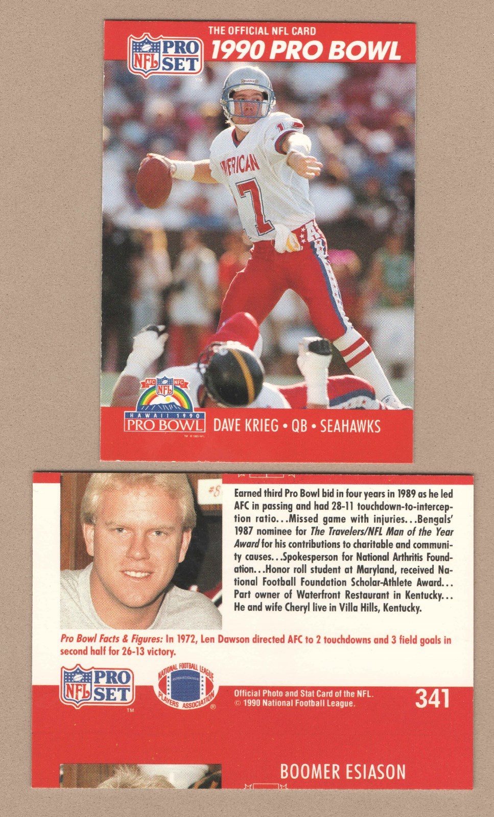 ERROR - FOOTBALL CARD - 1990 DAVE KREIG(front) BOOMER ESIASON #341 on ...