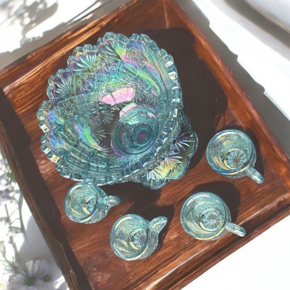 Westmoreland Thumbelina Mini Punch Bowl & 4 Cups Blue Iridescent ...