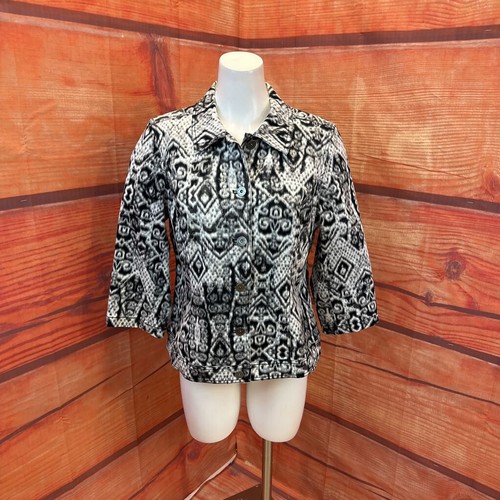 CHICOS ANIMAL PRINT BLACK WHITE DENIM JACKET SIZE 1(7/8) TCC | eBay