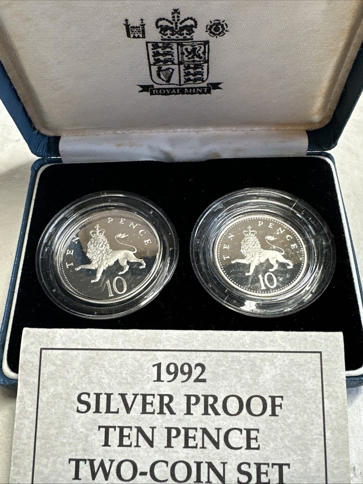 1992 Royal Mint Silver Proof Ten Pence 10p Two-Coin Set. Blue Case. COA ...