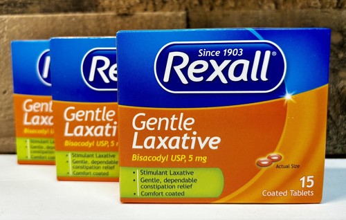 3PK Rexall -Gentle Laxative Bisacodyl USP, 5 mg- 15 Tablets each-EXP 04 ...
