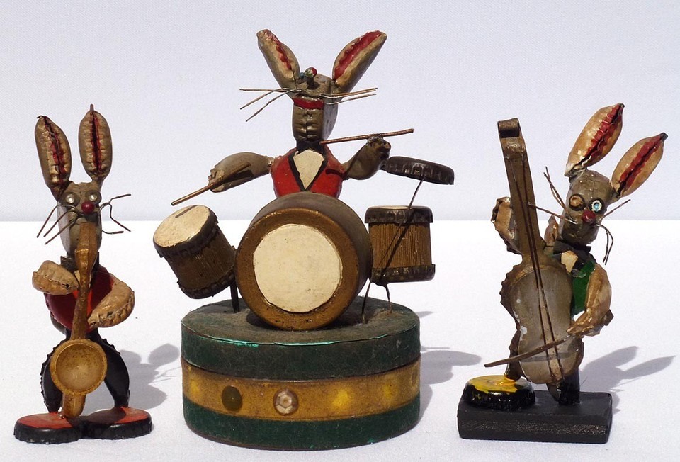 Wonderfully folky set of rabbit musicians made from bottle caps and ...