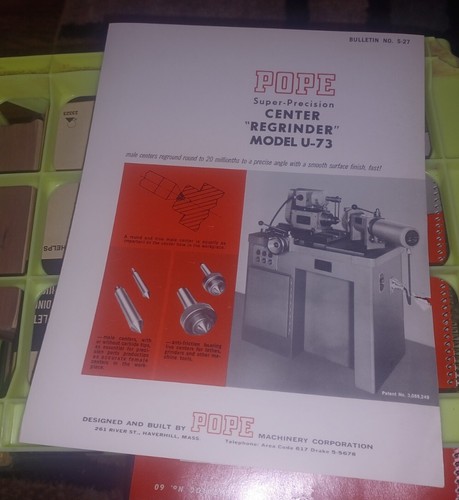 POPE PRECISION CENTER GRIDER MODEL U-73 SALES BULLETIN CATALOG BOOKLET ...