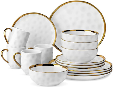 Handmade Stoneware Dish Set White with Gold Trim Dinnerware Set, 16 Pcs ...