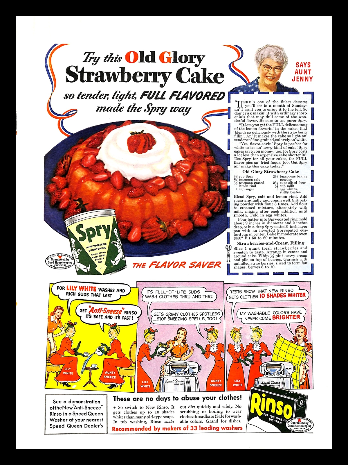 1942 Spry Vegetable Shortening Vintage PRINT AD Old Glory Strawberry ...