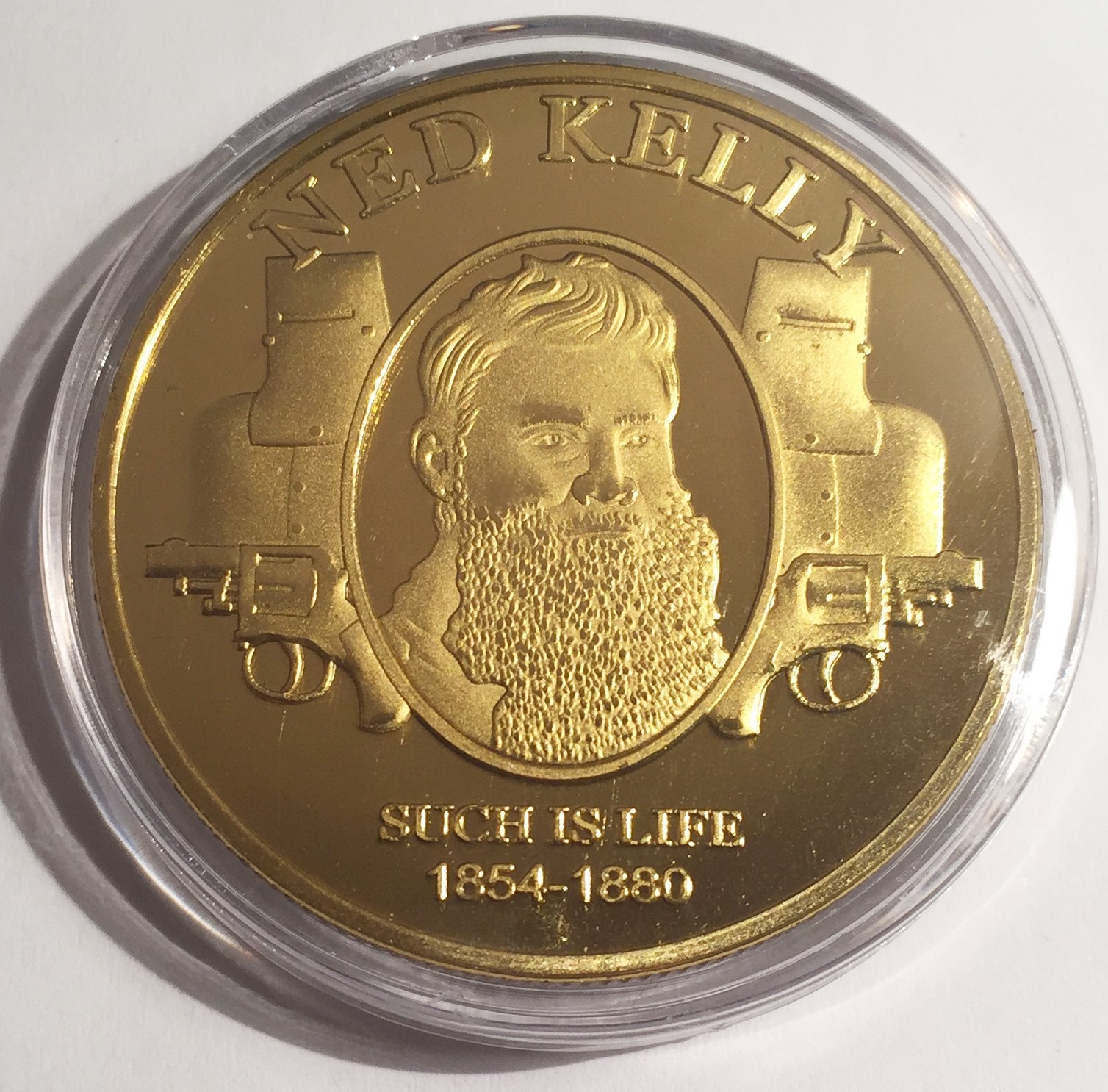 "NED KELLY" SUCH IS LIFE, GUNS Colour Printed 999 24k Gold plated coin ...