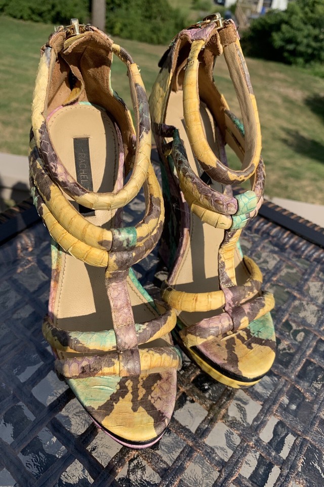$395 Rachel Zoe Python Snake Skin Katia T Strap Rainbow Platform Wedges ...