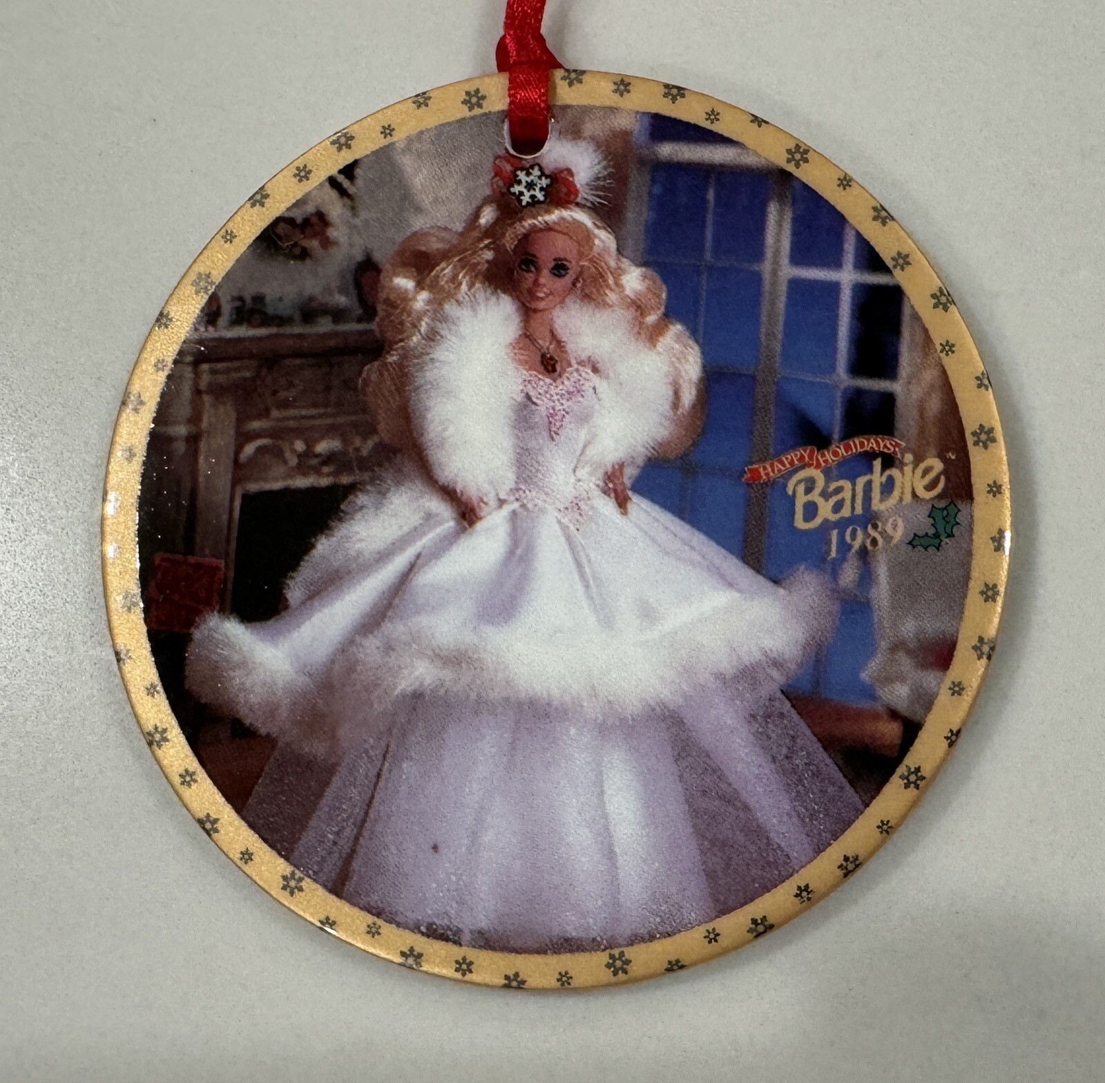 1989 Barbie Ornament Porcelain Disc Round Doll Happy Holidays Christmas ...