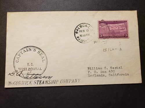 Ship SS WEST PORTAL, McCormick Co Naval Cover 1940 BALBOA, CANAL ZONE ...