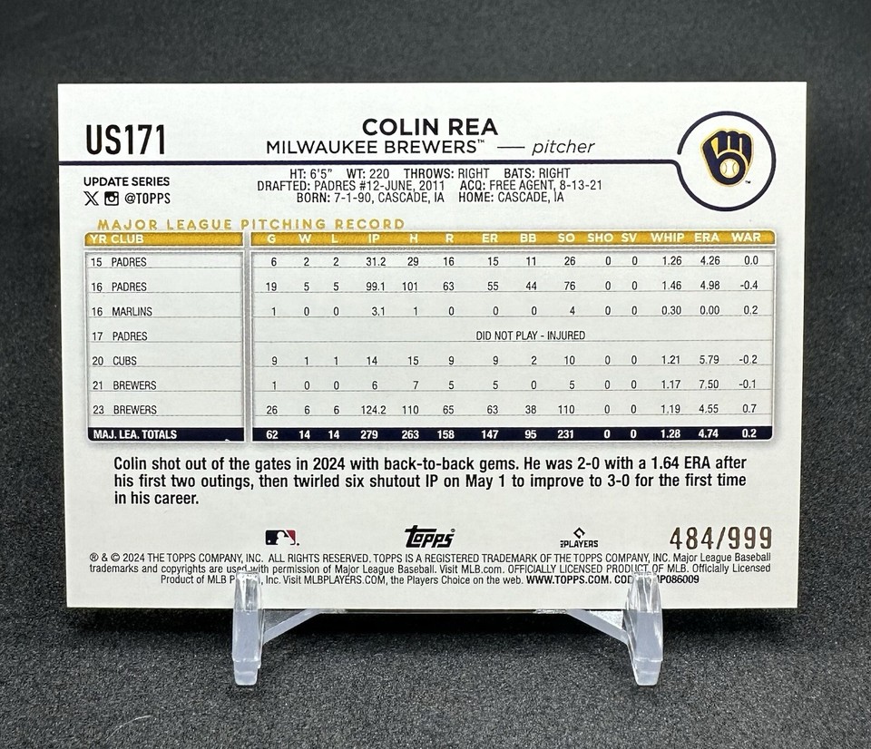 2024 Topps Update Colin Rea SP Blue Foil /999 US171 Milwaukee Brewers ...
