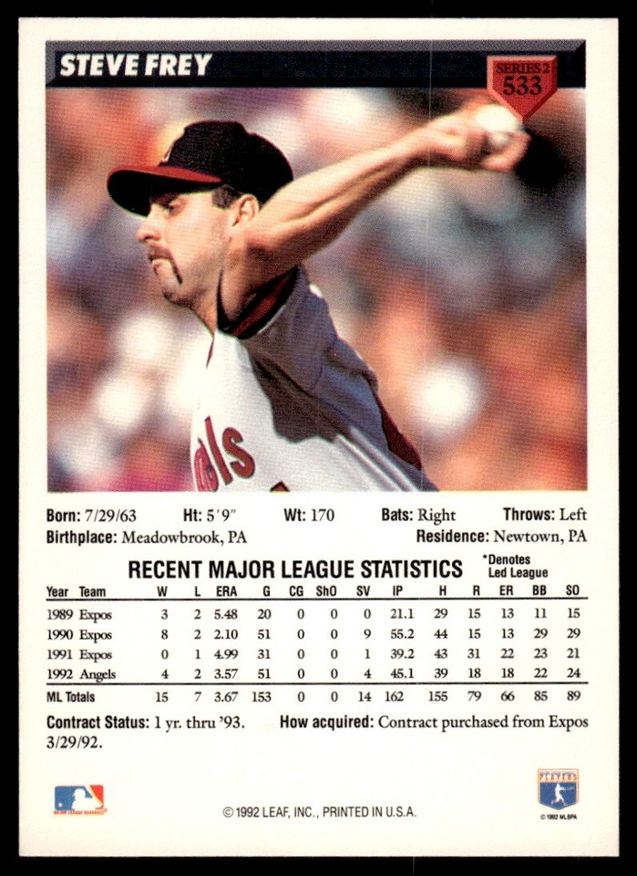 1993 Donruss Baseball Card Steve Frey California Angels #533 | eBay