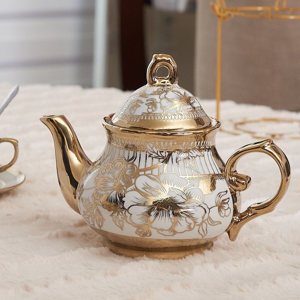 20pc Tea Set. Tea Pot 6 Cups + Saucers &Rack Coffee Cup Set Gold Color ...