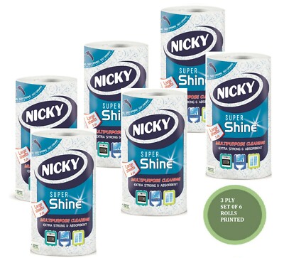 6 ROLLS X NICKY SUPER SHINE 3 PLY KITCHEN TOWELS / ROLL PRINTED | eBay UK