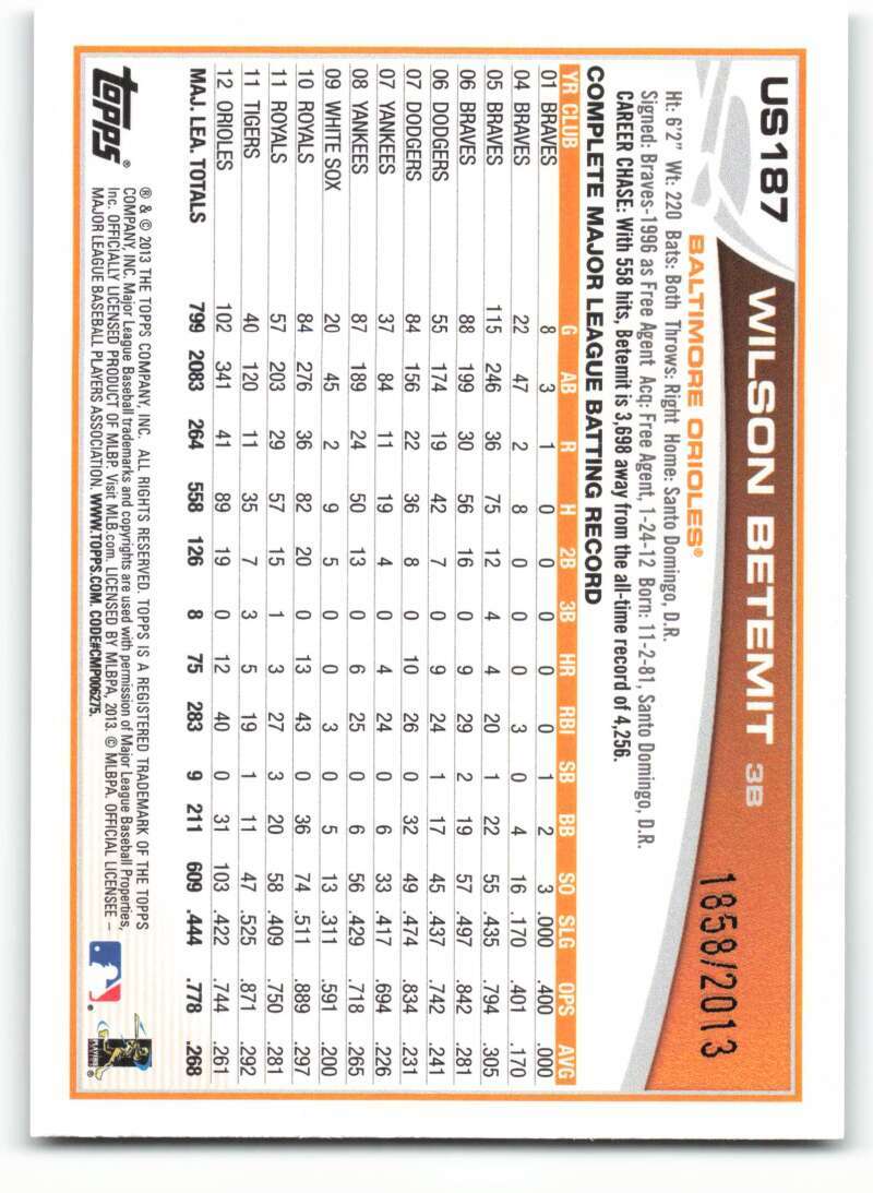 2013 Topps Update Gold #US187 Wilson Betemit NM-MT /2013 Orioles ID ...