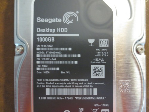 Seagate ST1000DM003 1ER162-044 Fw: AQ03 Wu Apple #655-1724G 1000gb 3.5 ...