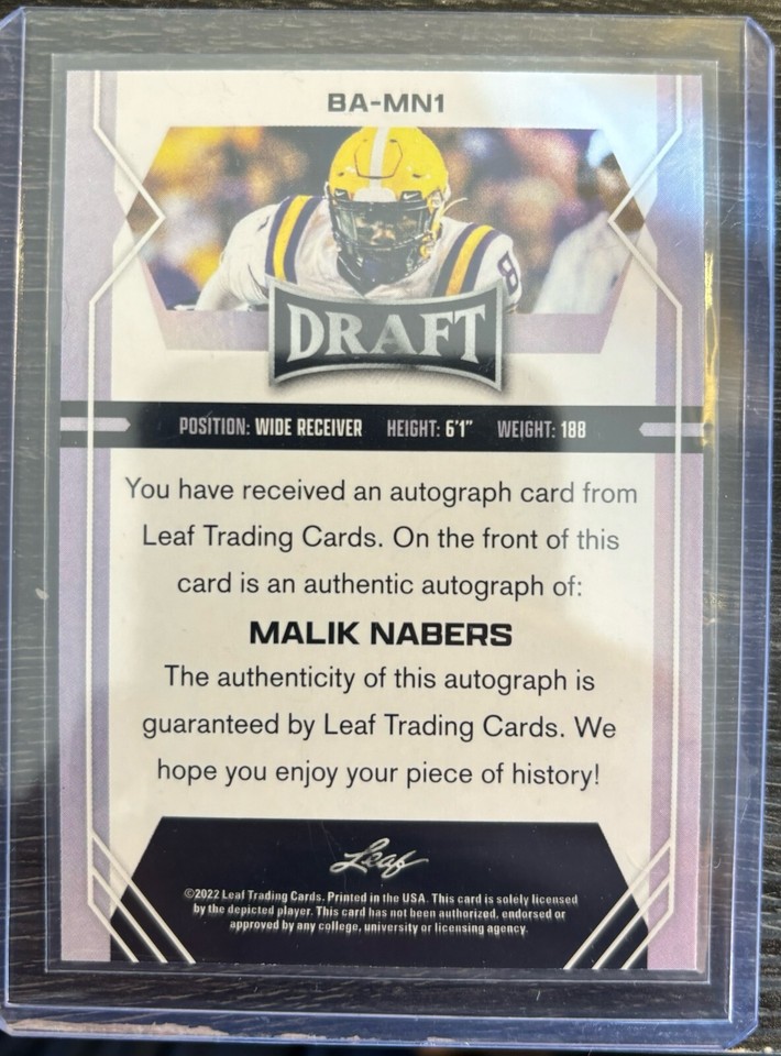 2022 Leaf Draft MALIK NABERS XRC Rookie Autograph Auto Card Red #BA-MN1 ...